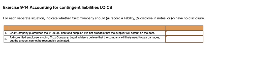 SOLVED: Exercise 9-14 Accounting for contingent liabilities LO C3 For ...