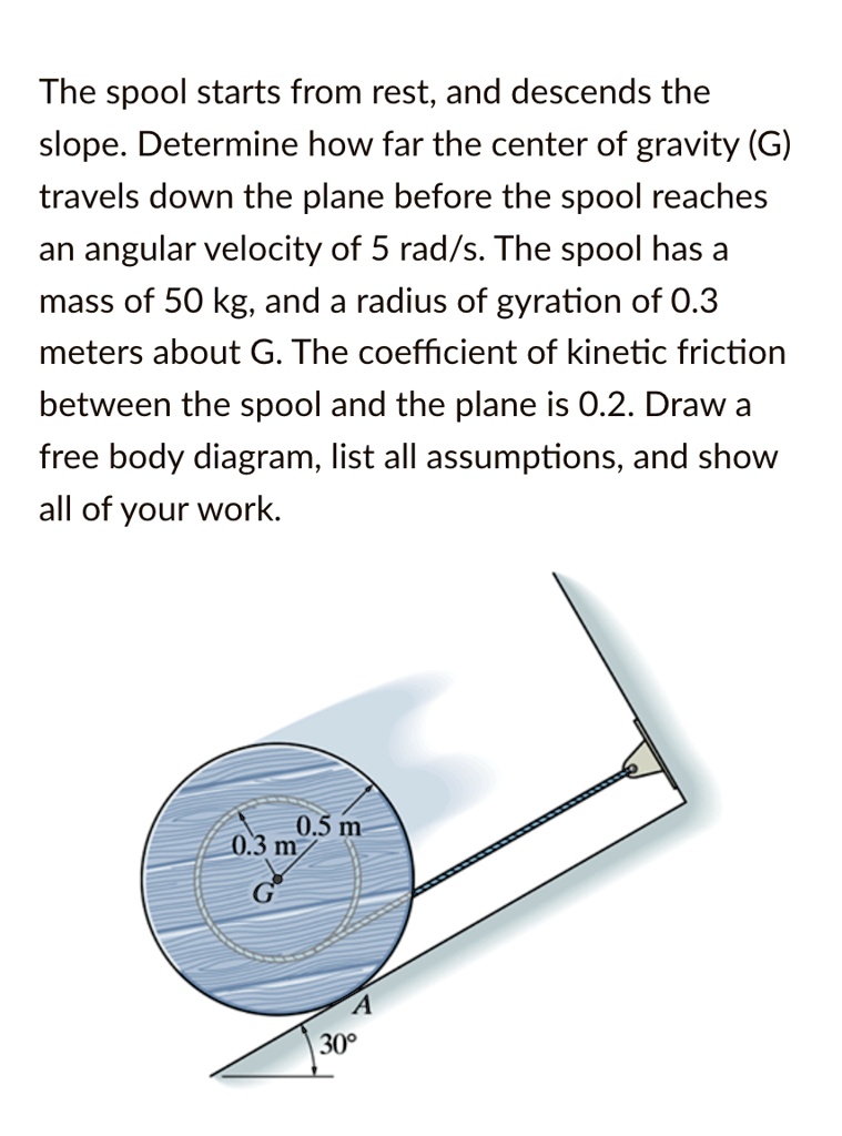 SOLVED: The spool starts from rest, and descends the slope. Determine ...