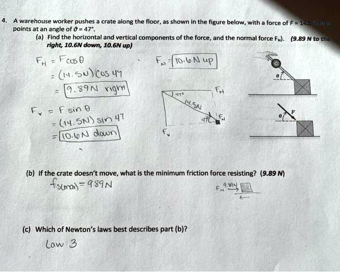SOLVED: warehouse worker pushes crate along the floor, as shown in the figure below; with force ...