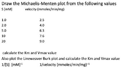 SOLVED: Draw the Michaelis-Menten plot from the following values: [S] (mM) and velocity (mmoles ...
