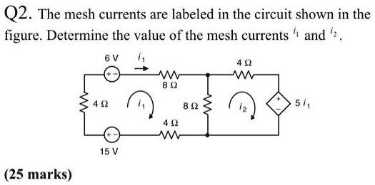 Q2. The mesh currents are labeled in the circuit shown in the figure. Determine the value of the ...