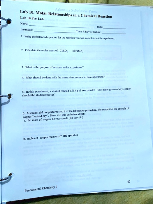 lab 10 molar relationships in chemical reaction lab i0 pre lab nanic ...