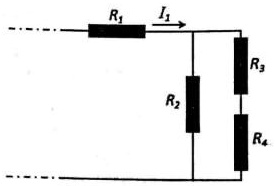 The figure shows a circuit with four resistors (R1, R2, R3, R4) and a current I1 flowing through ...