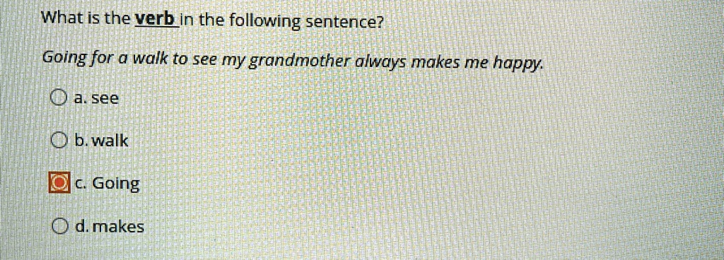 What is the verb in the following sentence? Going for a walk to see my ...