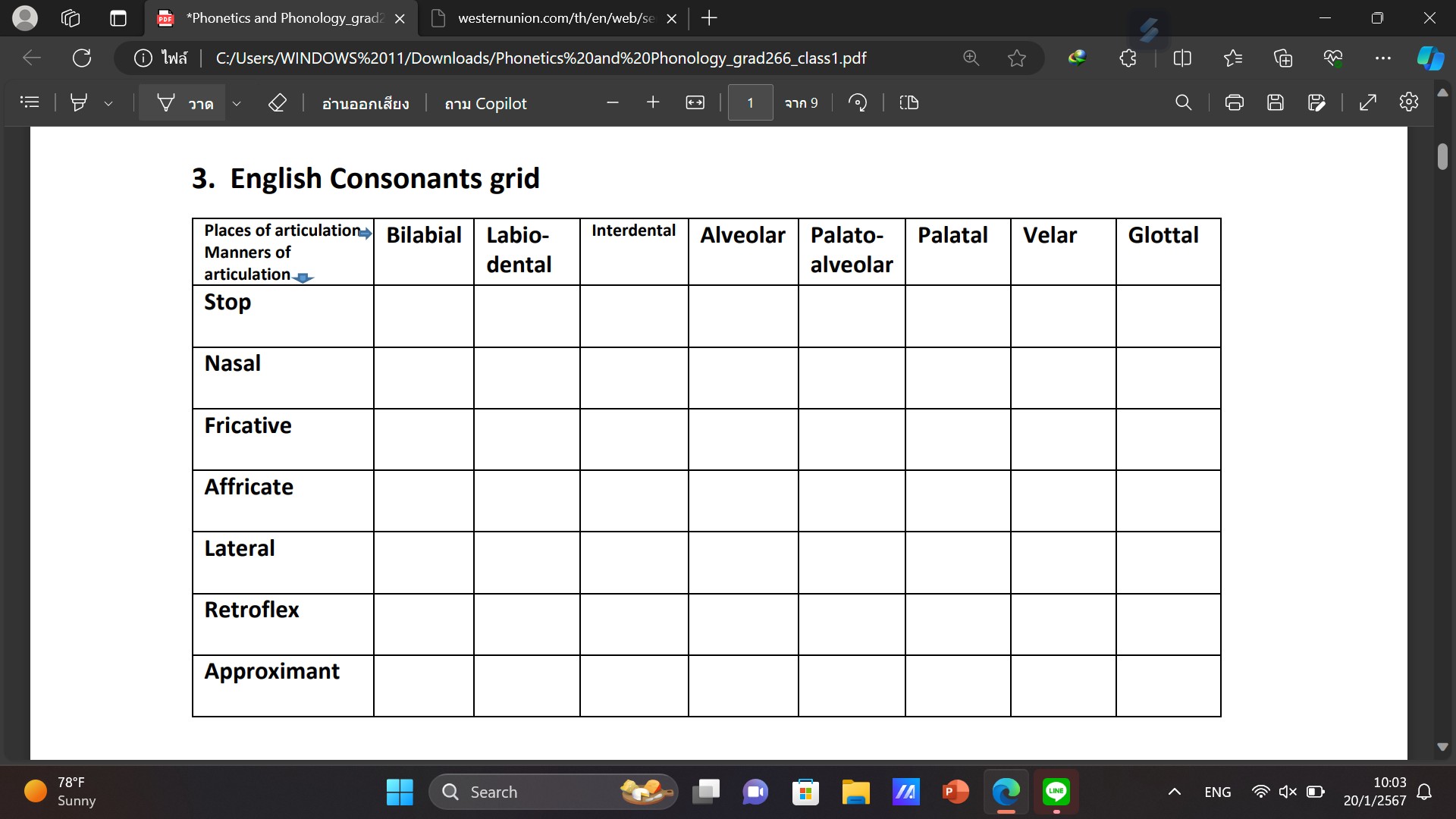 SOLVED: 3. English Consonants grid Places of articulation ⇒ Manners of ...