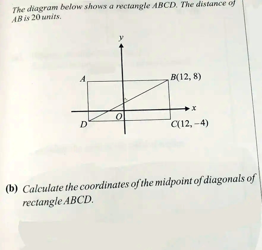 SOLVED: The diagram below shows a rectangle ABCD. The distance of AB is 20 units: B(12, 8) X C ...