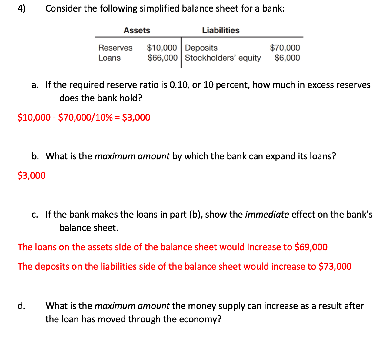 4) Consider the following simplified balance sheet for a bank: Assets ...