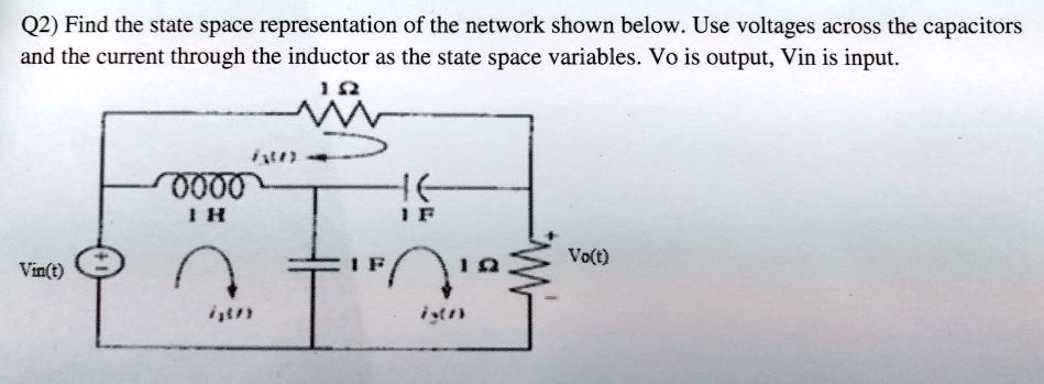 SOLVED: Q2: Find the state space representation of the network shown below. Use voltages across ...