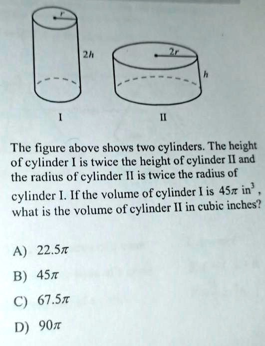 I 2h 2r h II The figure above shows two cylinders. The height of cylinder I is twice the height ...