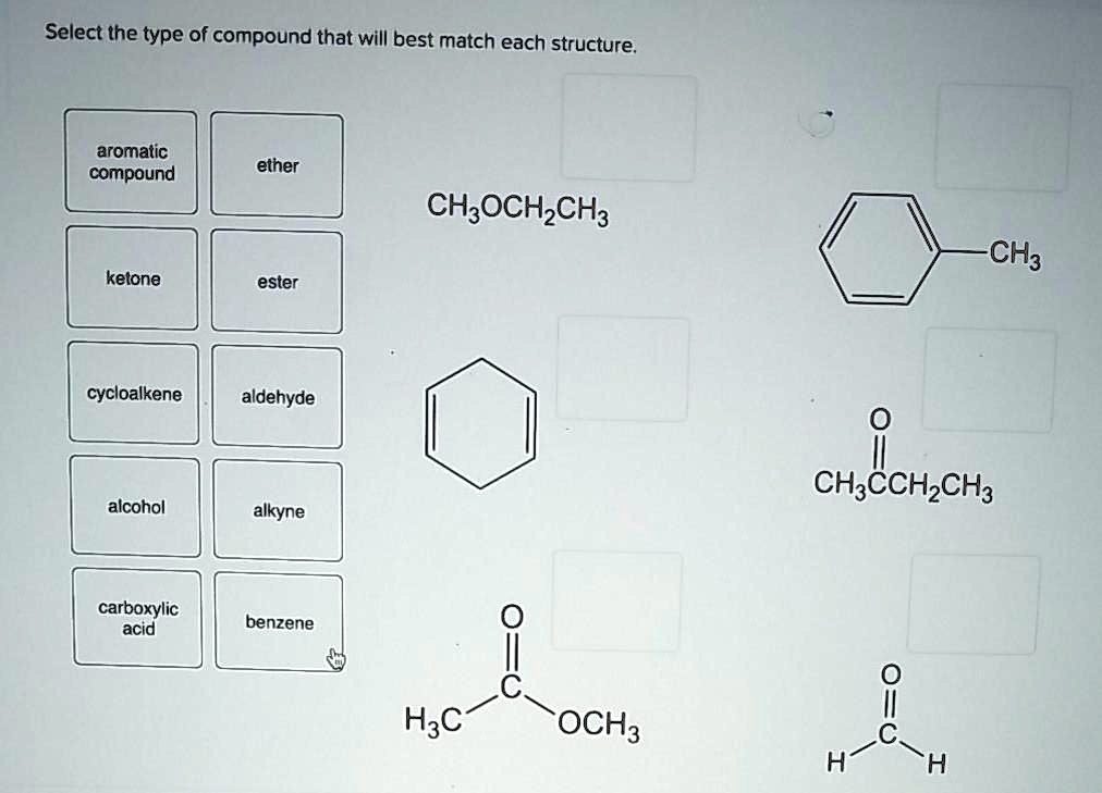 SOLVED: Select the type of compound that will best match each structure: - aromatic compound ...