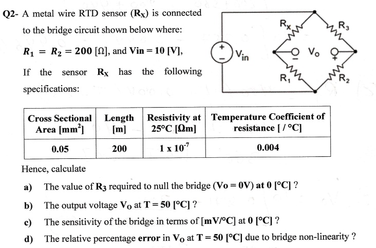 SOLVED: A metal wire RTD sensor (Rx) is connected to the bridge circuit shown below where: RI ...