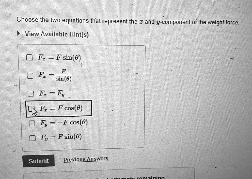 Choose the two equations that represent the x and y-component of the ...