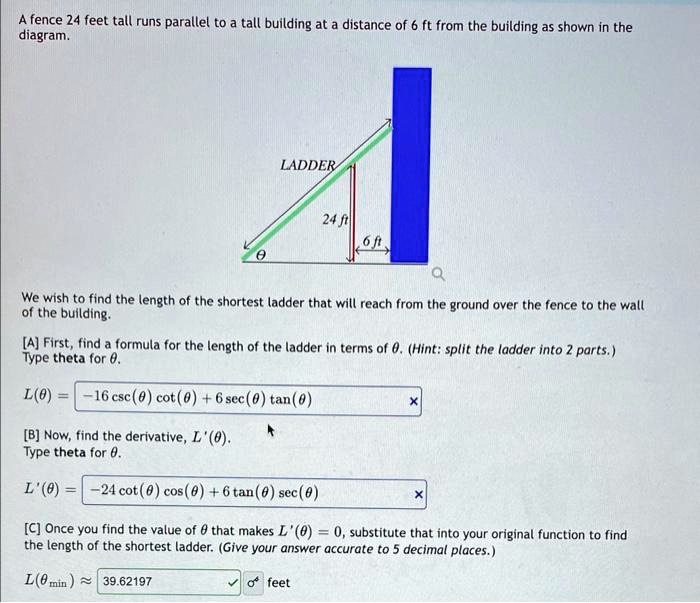 SOLVED: A fence 24 feet tall runs parallel to a tall building at a ...