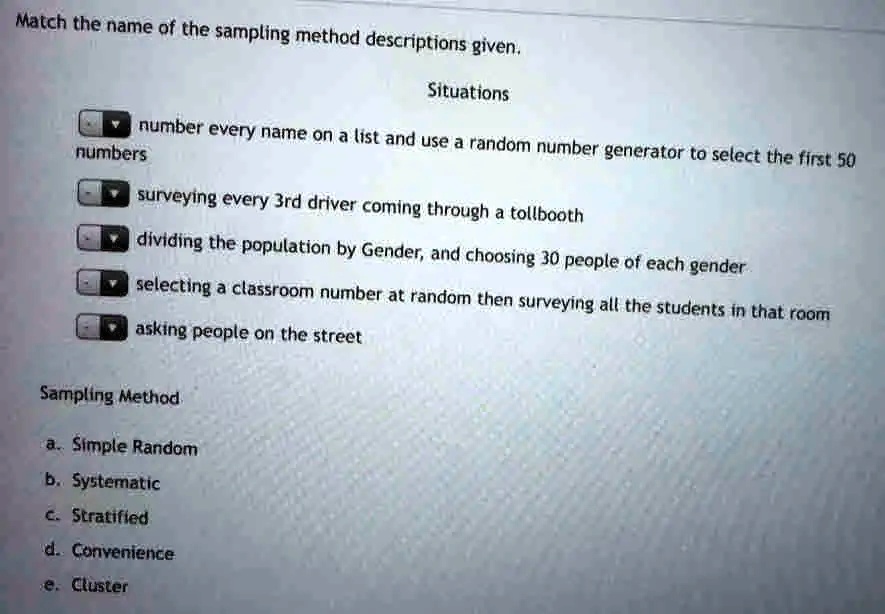 Match the name of the sampling method descriptions given. Situations ...