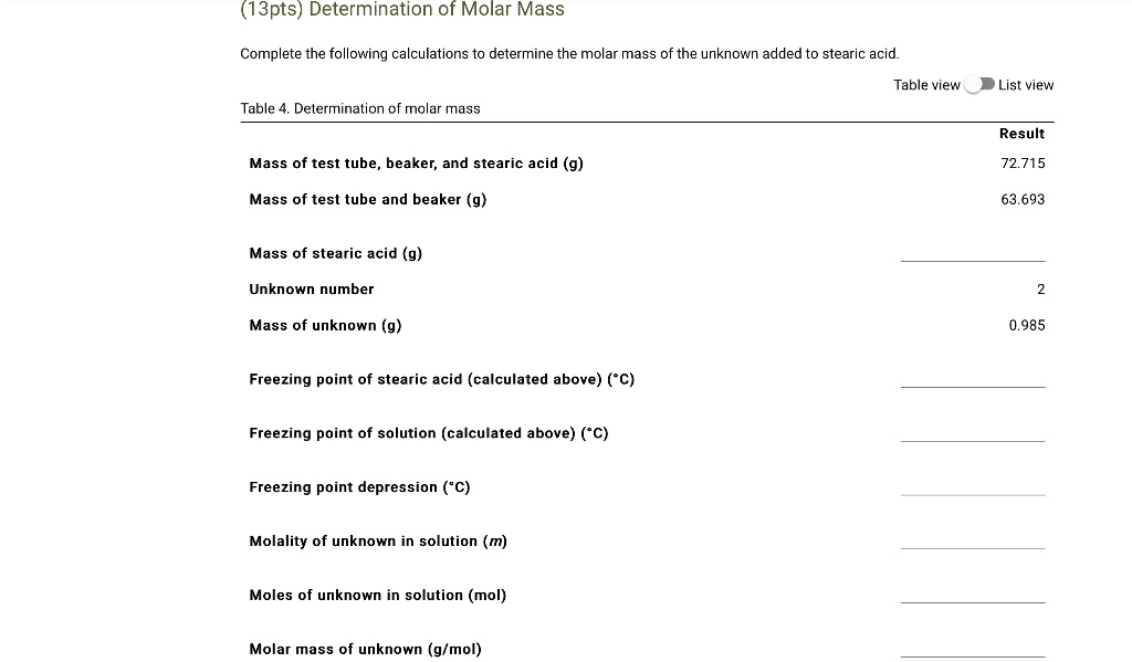 SOLVED: (13pts) Determination of Molar Mass Complete the following calculations to determine the ...