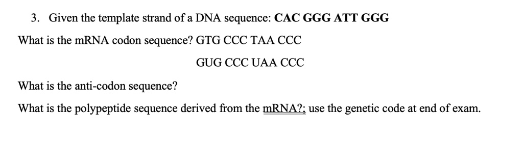 SOLVED:3. Given the template strand of a DNA sequence: CAC GGG ATT GGG ...