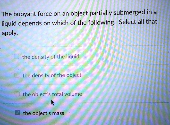 SOLVED: The buoyant force on an object partially submerged in a liquid ...