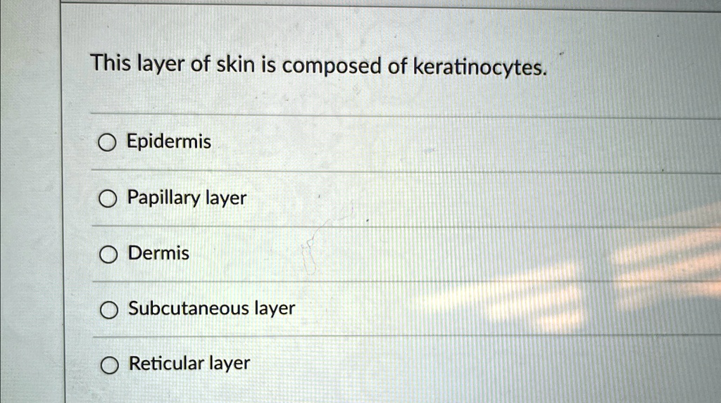 This layer of skin is composed of keratinocytes. Epidermis Papillary ...
