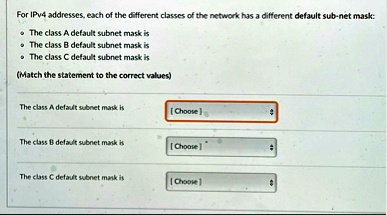 for ipv4 addresses each of the different classes of the network has a different default sub net ...