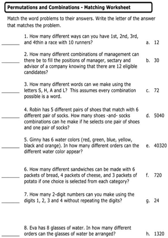 permutations and combinations matching worksheet match the word problems to their answers write ...