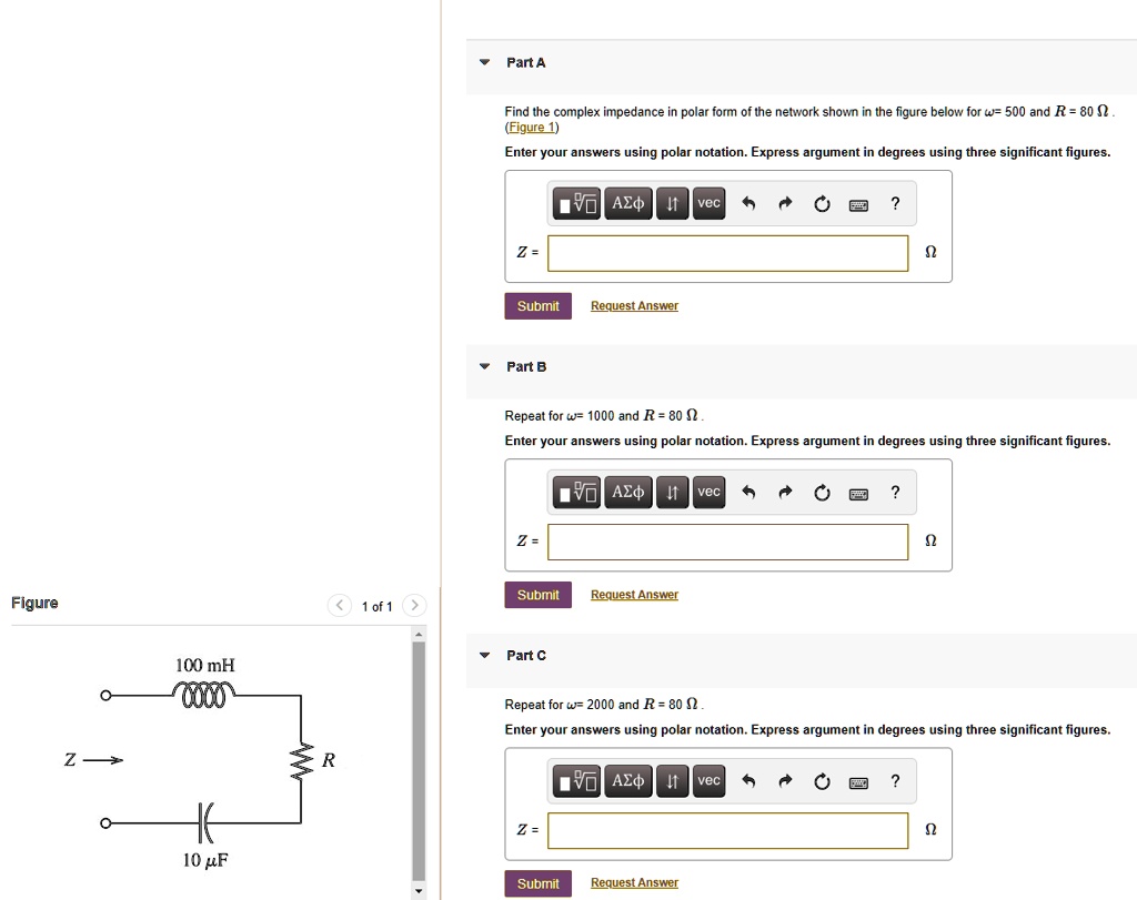 SOLVED: Part A Find the complex impedance in polar form of the network shown in the figure below ...