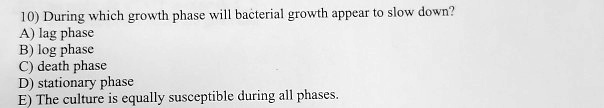 10) During which growth phase will bacterial growth appear to slow down ...