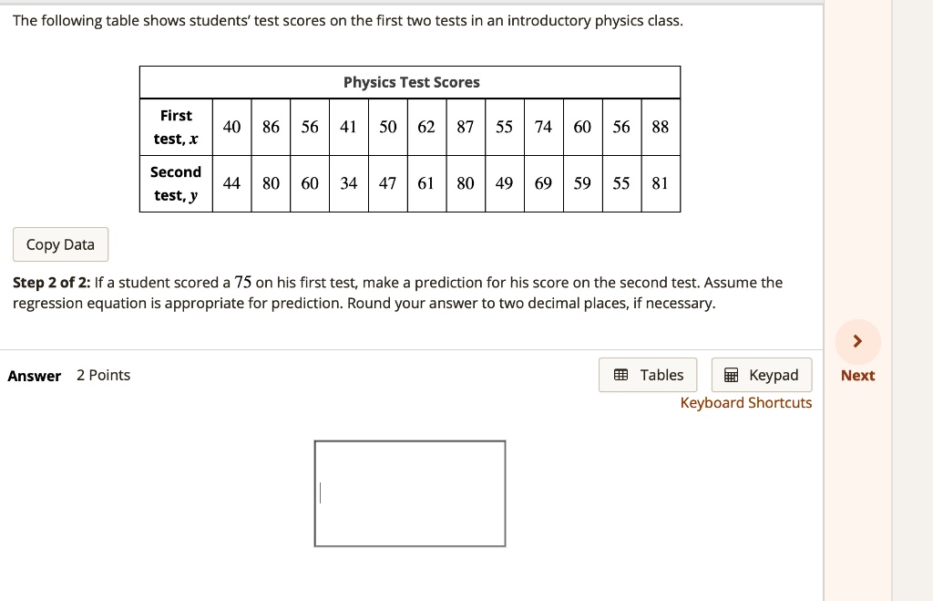 The following table shows students' test scores on the first two tests ...