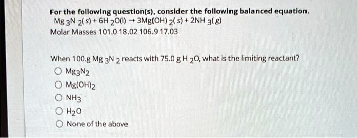 SOLVED: For the following question(s), consider the following balanced ...