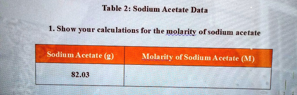 SOLVED: Table 2: Sodium Acetate Data 1. Show Your calculations for the ...