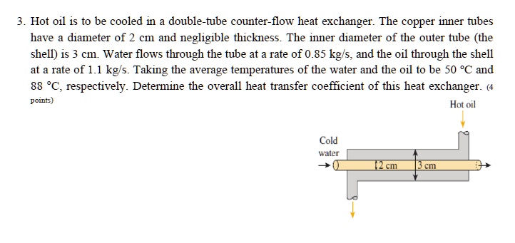 SOLVED: 3. Hot oil is to be cooled in a double-tube counter-flow heat exchanger. The copper ...