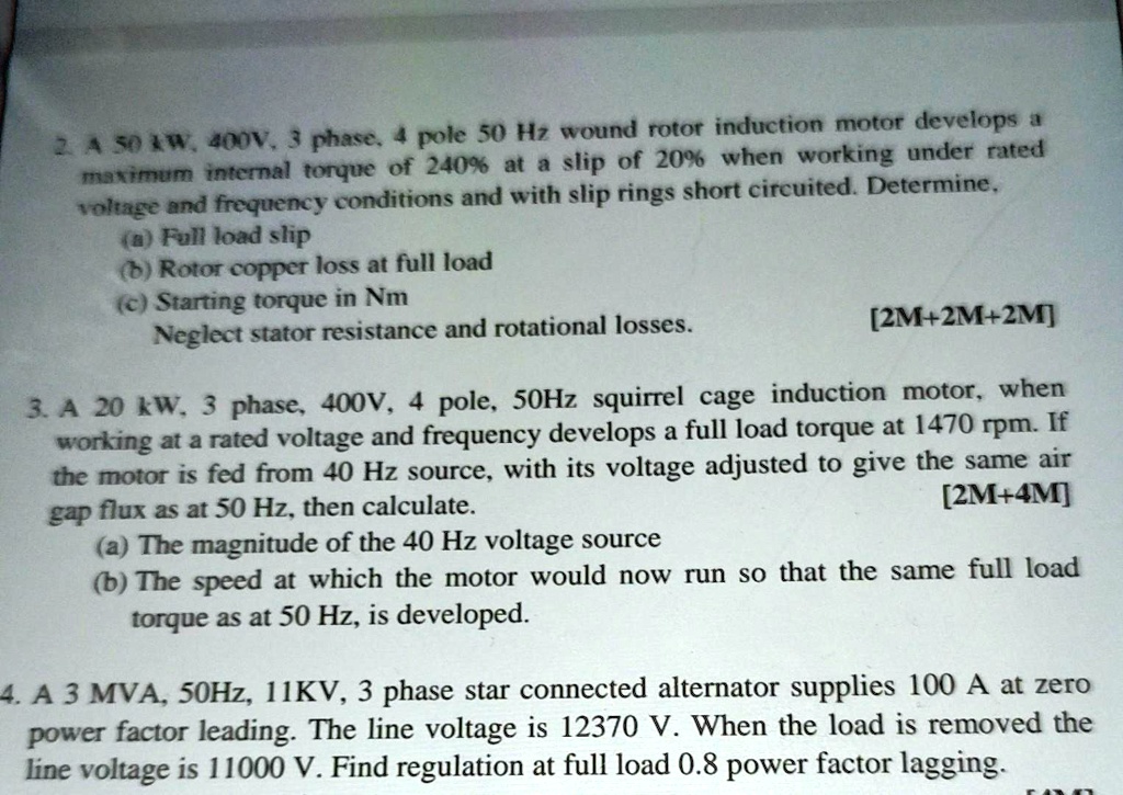 solve 2,3,4 A 400V 3 phase 4 pole 50 Hz wound rotor induction motor ...