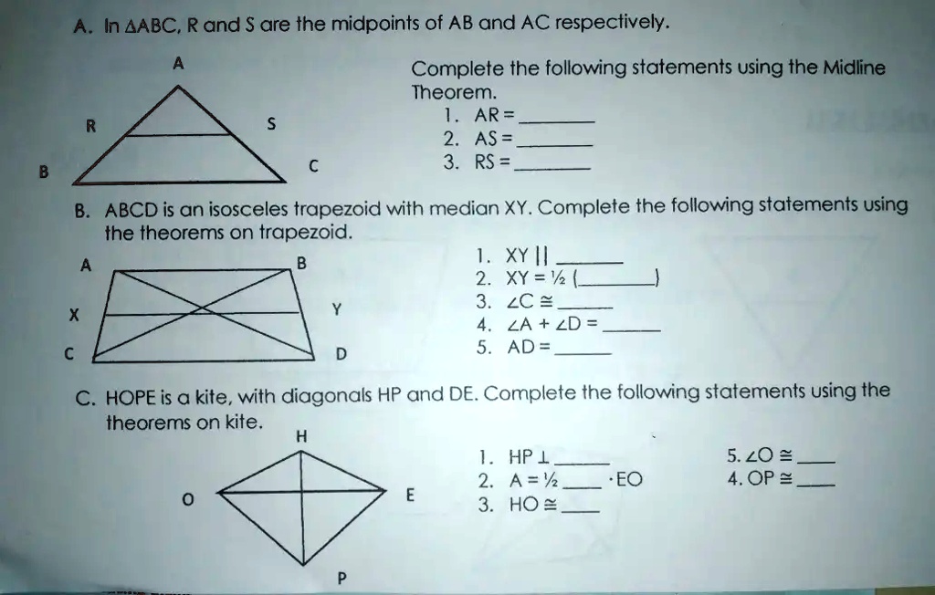 SOLVED: In AABC , R and S are the midpoints of AB and AC respectively. Complete the following ...