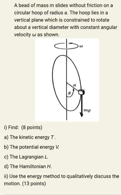 SOLVED: A bead of mass m slides without friction on a circular hoop of radius a. The hoop lies ...