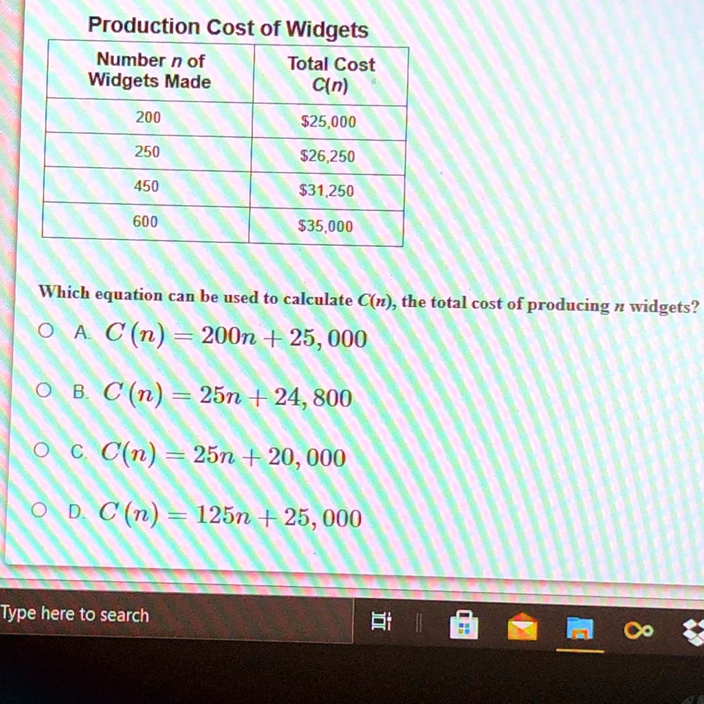 SOLVED: 'The table shows the production cost for various quantities of widgets made. Production ...