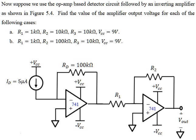 now suppose we use the op amp based detector circuit followed by an inverting amplifier as shown ...