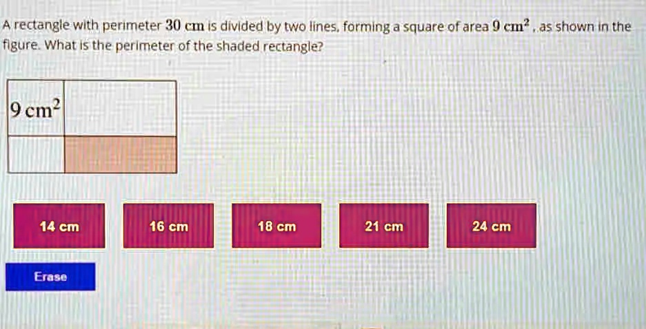 SOLVED: A rectangle with perimeter 30 cm is divided by two lines ...