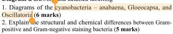 1. Diagrams of the cyanobacteria – anabaena, Gloeocapsa, and Oscillatoria (6 marks) 2. Explain ...