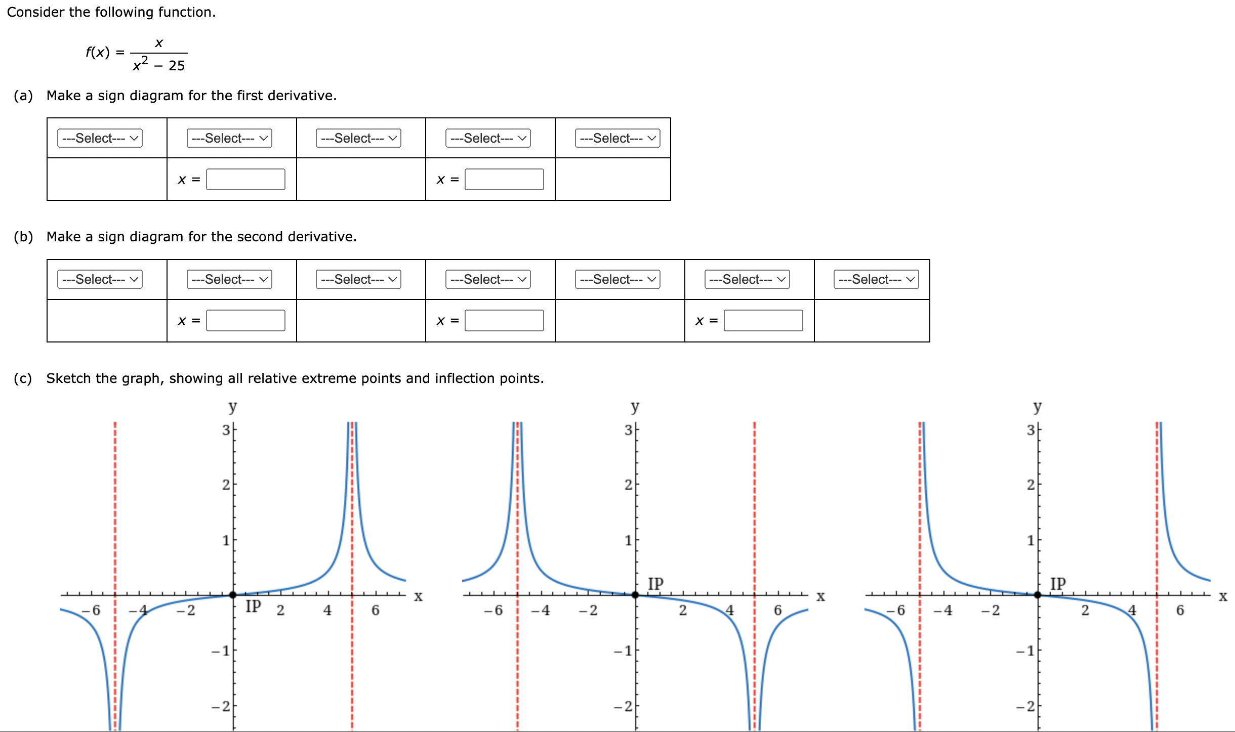 SOLVED: Consider the following function. f(x)=(x)/(x^2-25) (a) Make a sign diagram for the first ...