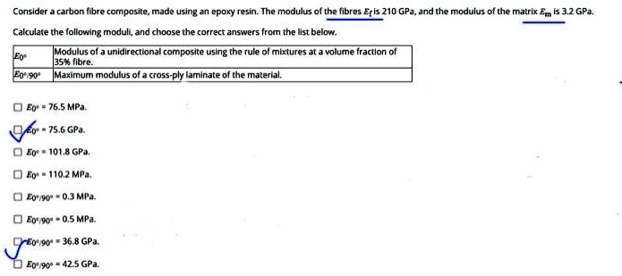 Consider a carbon fibre composite, made using an epoxy resin. The modulus of the fibres Ef is ...