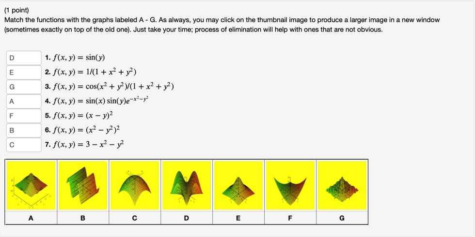(1 point) Match the functions with the graphs labeled A - G. As always ...