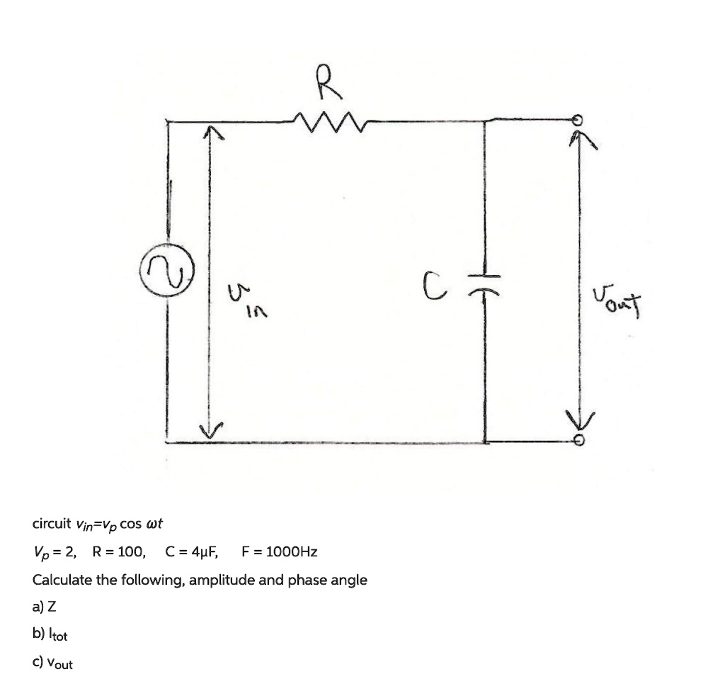 SOLVED: circuit Vin=Vp cOS Wt Vp = 2, R = 100, C=4pF; F=1OOOHz Calculate the following ...