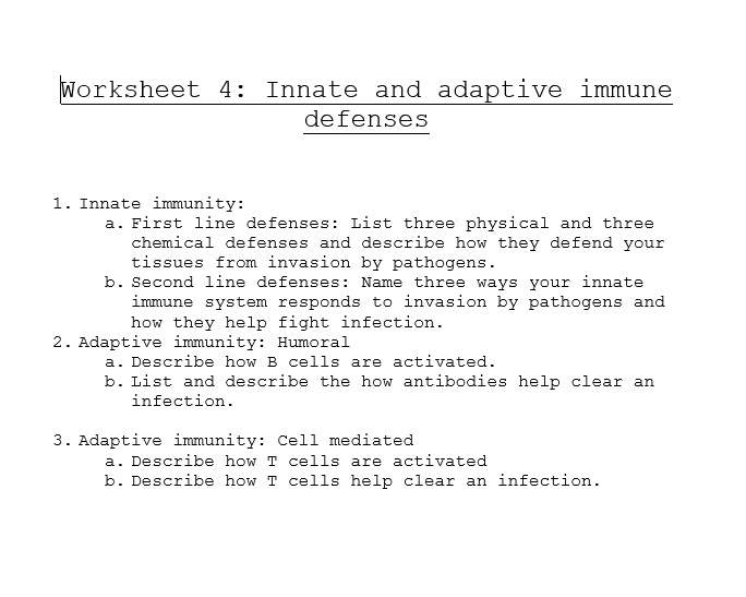 SOLVED: Worksheet 4: Innate and Adaptive Immune Defenses Innate ...