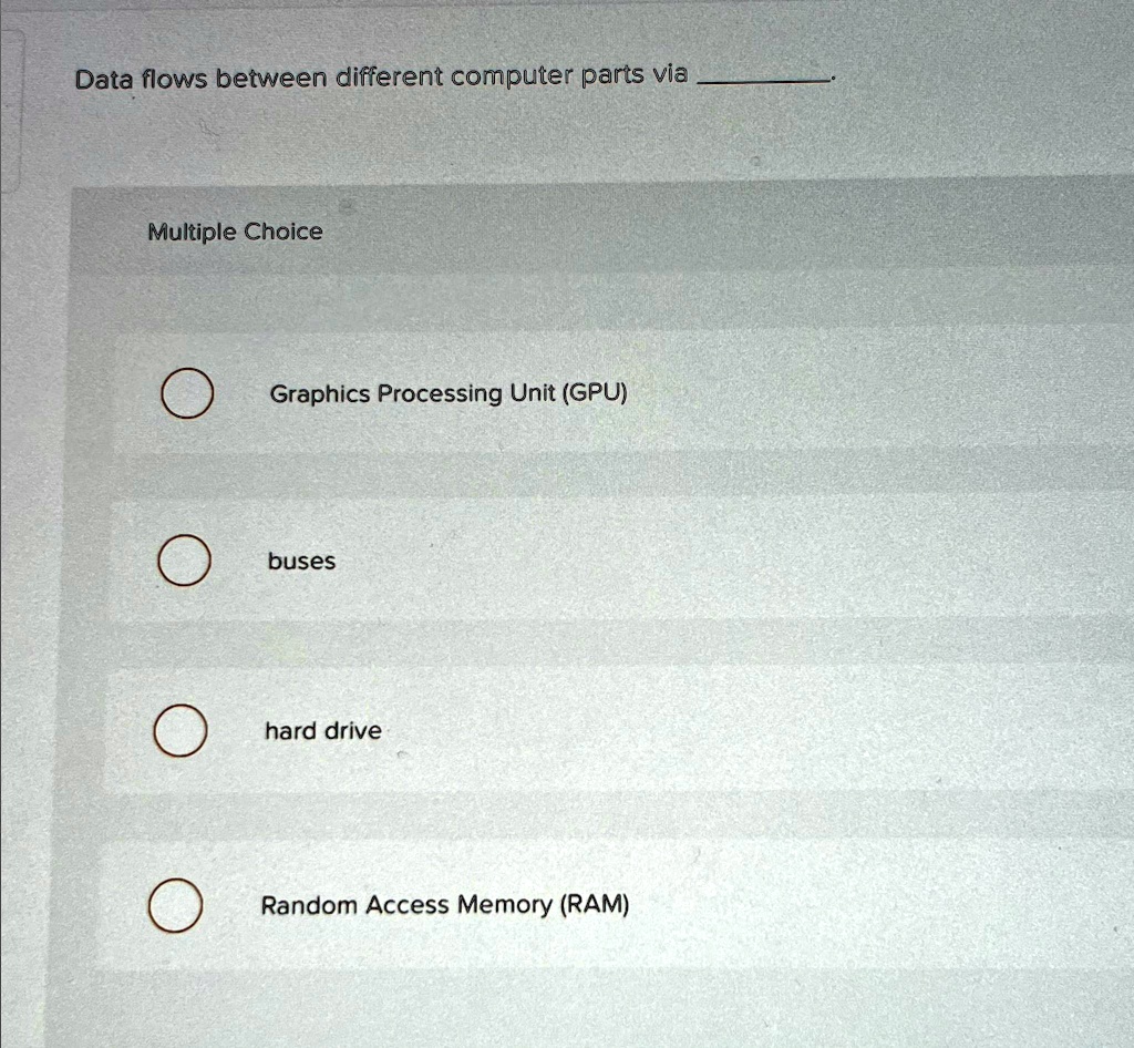 Data flows between different computer parts via . Multiple Choice Graphics Processing Unit (GPU ...