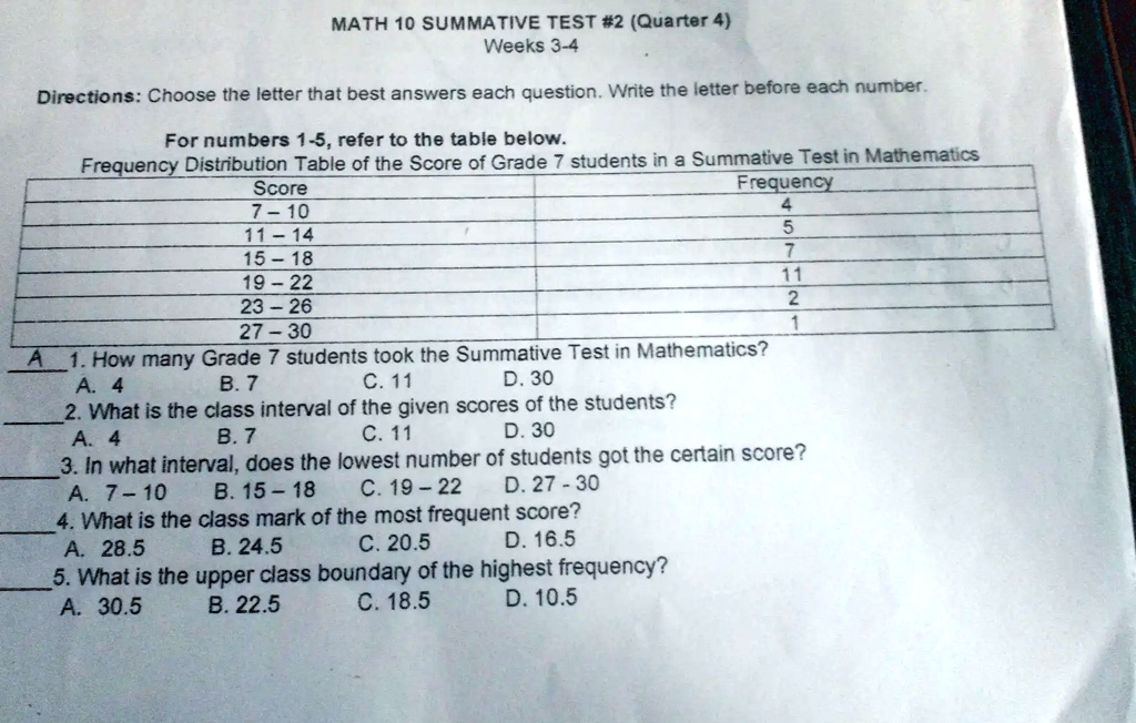 SOLVED: MATH 10 SUMMATIVE TEST #2 (Quarter 4) Weeks 3-4 Directions ...