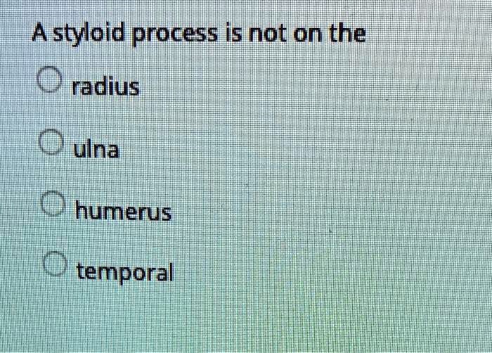 SOLVED: A styloid process is not on the radius, ulna, or humerus. It is ...