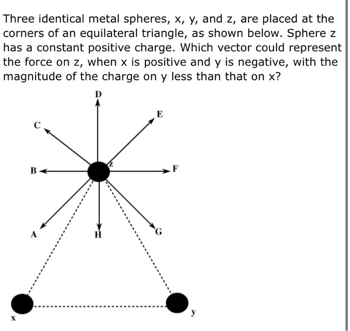 SOLVED: Three identical metal spheres, X, Y, and 2, are placed at the corners of an equilateral ...