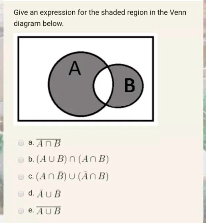 SOLVED: Give an expression for the shaded region in the Venn diagram ...