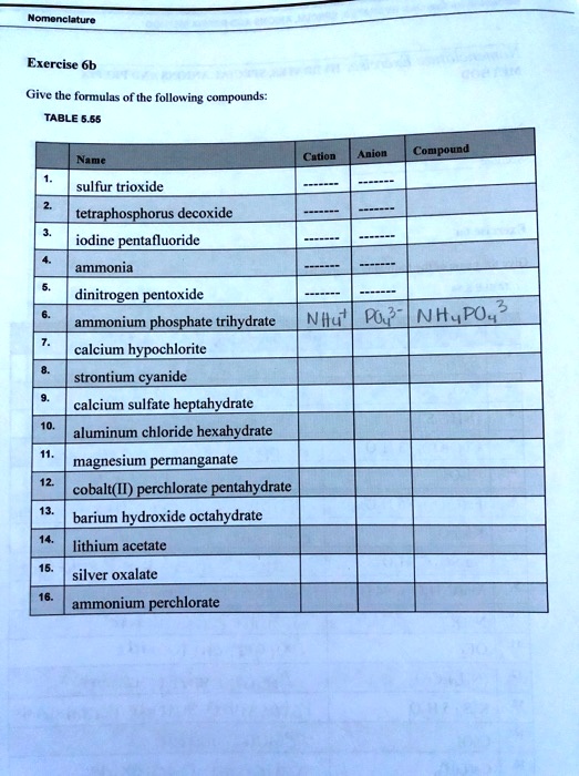 SOLVED: Nomenclature Exercise 6b Give the formulas of the following ...