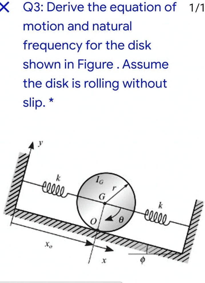 SOLVED: Vibration Q3: Derive the equation of motion and natural frequency for the disk shown in ...