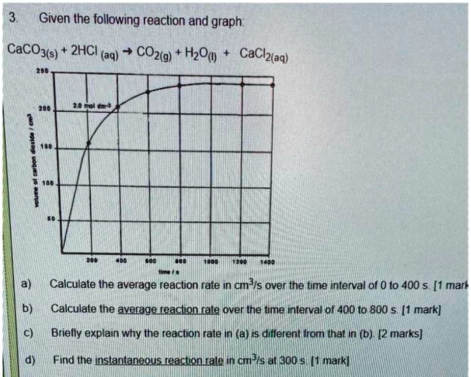 SOLVED: 3 Given the following reaction and graph: CaCO3(s) + 2HCl (aq) → CO2(g) + H2O(l) + CaCl2 ...
